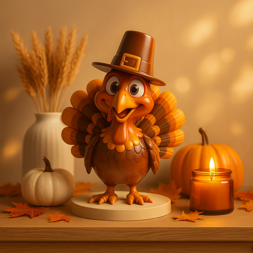 🦃 Thanksgiving Turkey Figurine STL – Cute Cartoon Turkey with Pilgrim ...