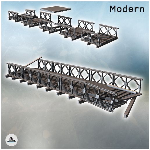 🌉 Modular modern metal bridge with wooden plank (intact and damaged ...