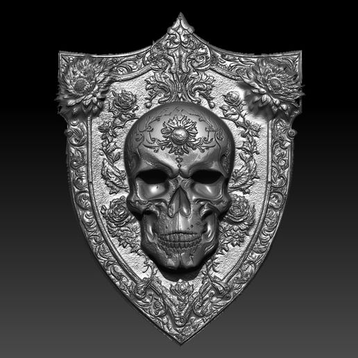 STL file "Skull Emblem Floral Shield Relief" 💀 (OBJ)・Design to download ...