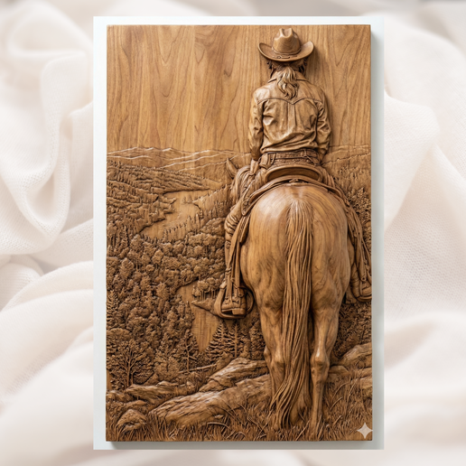 🐎 Cowgirl on Horse 3D Relief STL | Western Trail Scenic Wall Art Panel ...