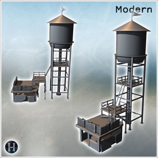 🚰 Tall water tower with adjacent platforms and access ladders ...