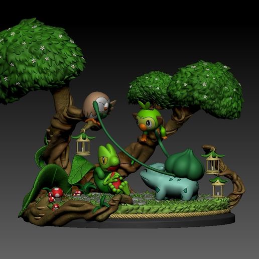 🐉 pokemon diorama bulbasaur,treecko,rowlet and grookey (with cuts)・ STL ...