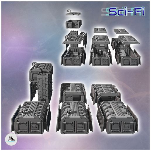 🔮 Set of six futuristic outpost buildings with long-distance antennas ...