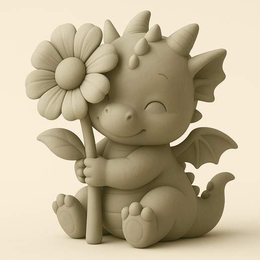 👶 Cute Baby Dragon Holding Flower STL – Kawaii Fantasy Dragon Figurine ...