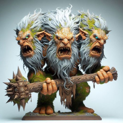 🧌 676 Three-Headed Troll - 3D-Printed Fantasy Statue with Club ...