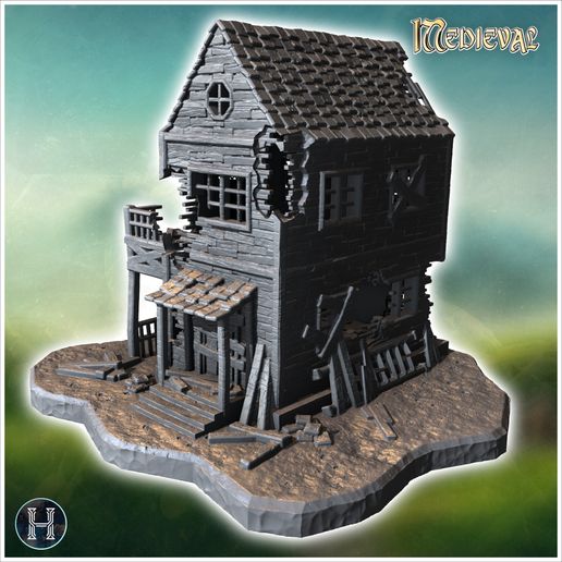 🏠 Two-story ruined house with damaged balcony, shattered windows, and ...