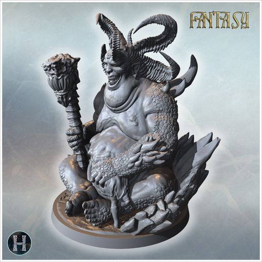 🪄 Fat demonic figure seated on a rocky base, holding a monstrous staff ...