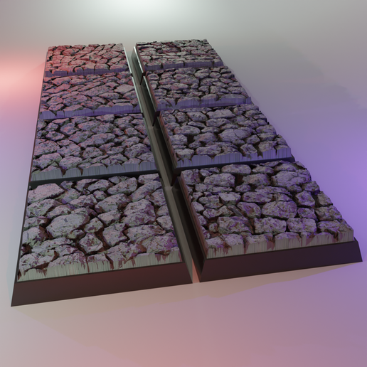 STL file 8x 30mm square base with cobblestone ground v2 (+toppers) 🟪 ...