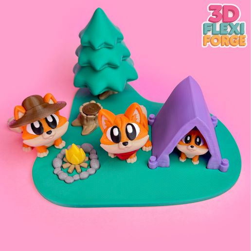 🦊Flexi Fox Family + Camping Diorama Set🌲・ 3D File for 3D printing・Cults