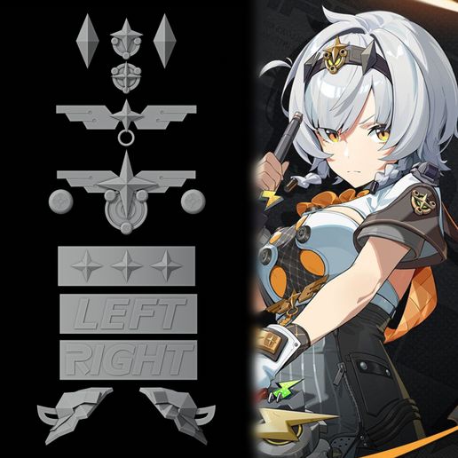 STL file Silver Soldier Anby - Head band, back, waist, arm pins- ZZZ ...