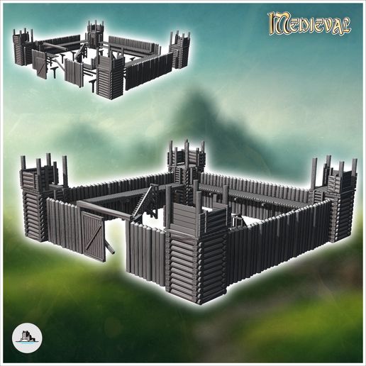 🪵 Fortified outpost with log walls, large wooden gate, and defense ...
