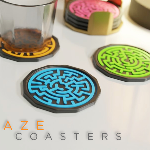 3D file Maze Coasters, 6 Unique Designs, with Holder ☕ ・3D printable ...