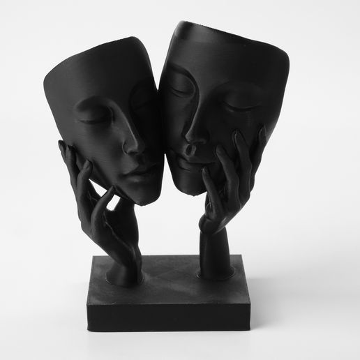 🗿 Two Faces One Soul – Abstract Black Sculpture of Masked Faces in ...