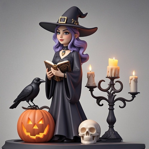 🧙‍♀️ 2522Halloween Witch with Spell book, Skull, Raven and Pumpkin ...
