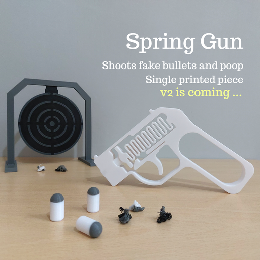🔫 Spring Gun - Shoots fake bullets and poop・ STL File for 3D printing・Cults