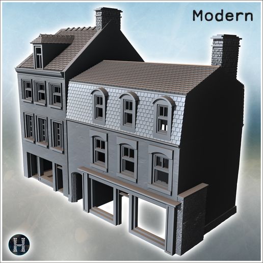 🇫🇷 Row of connected buildings with multiple windows and two chimneys on ...
