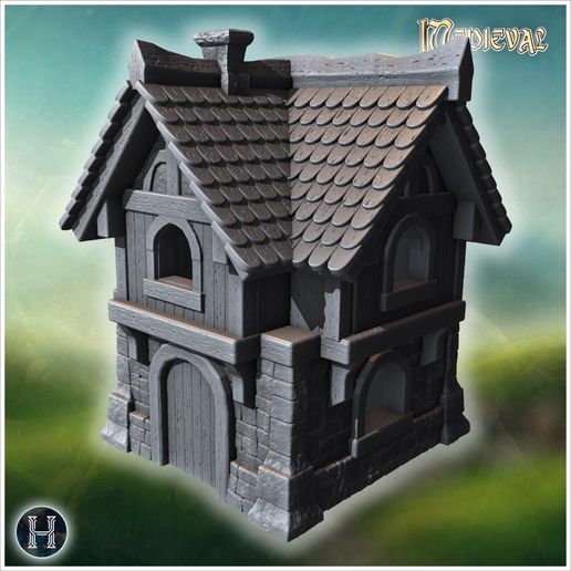 🏠 Hohes Steinhaus mit befestigtem Sockel, bogenförmigem Eingang ...