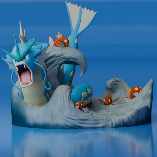 🐉 Gyarados Magikarp Diorama Pokemon Fanart・ 3D File for 3D printing・Cults