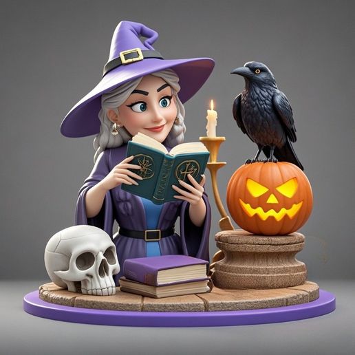 🎃 2395 Halloween Witch with Spell book, Skull, Raven and Pumpkin ...