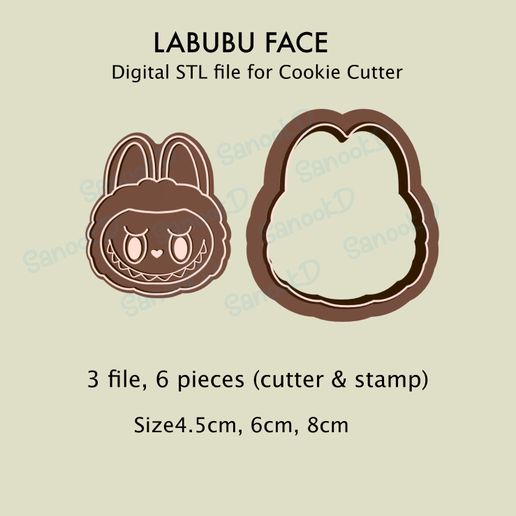 🍪 Labubu Face 3 sizes, 6 pieces・ STL File for 3D printing・Cults