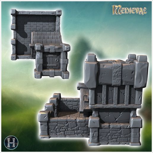 🟪 Medieval defense post with square stone tower, low wall and tiled ...