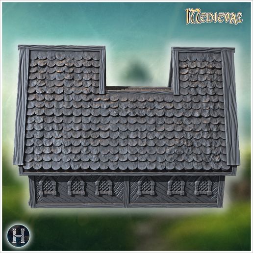 3D file Long wooden hall with detailed roof shingles, arched windows ...