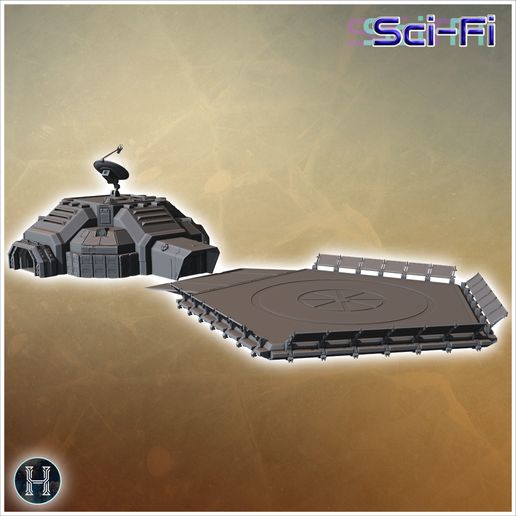 STL file Command center with adjacent large helipad featuring technical ...