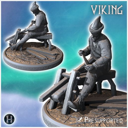 🪵 Viking carpenter working with wood tools on a detailed bench, wearing ...