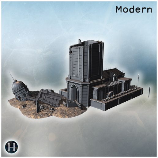 🏗️ Large government building with damaged tower, fallen dome structure ...