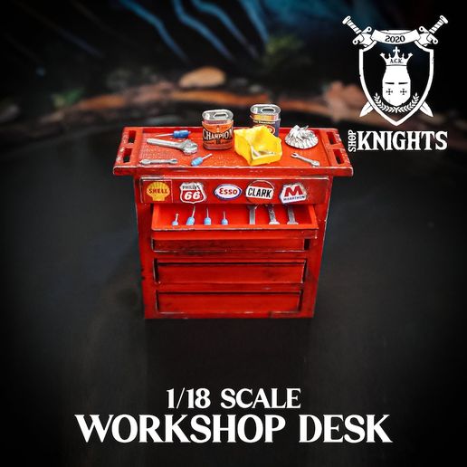 STL file Diorama 1:18 Scale / Workshop Desk / With tools, oil cans..../ Prop Diorama /Automotive ...