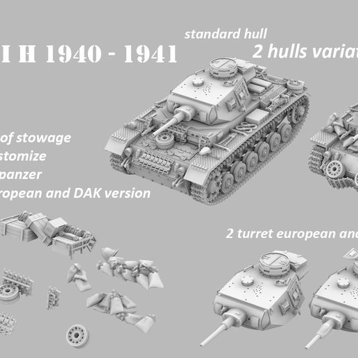 🇪🇺 Panzer III H 1940-41 europe and DAK・ STL File for 3D printing・Cults
