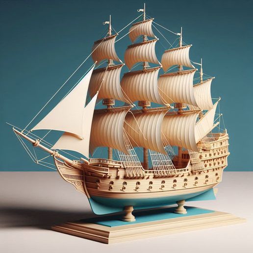 🎨 1478 Color 3D Model of a Pirate Sailing Ship on Pedestal, Pirat, Schiff, Segeln, Segel, Meer ...