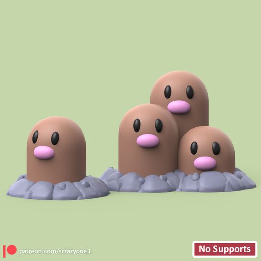 🐉 POKEMON - DIGLETT & DUGTRIO (EASY PRINT NO SUPPORT)・ STL File for ・Cults