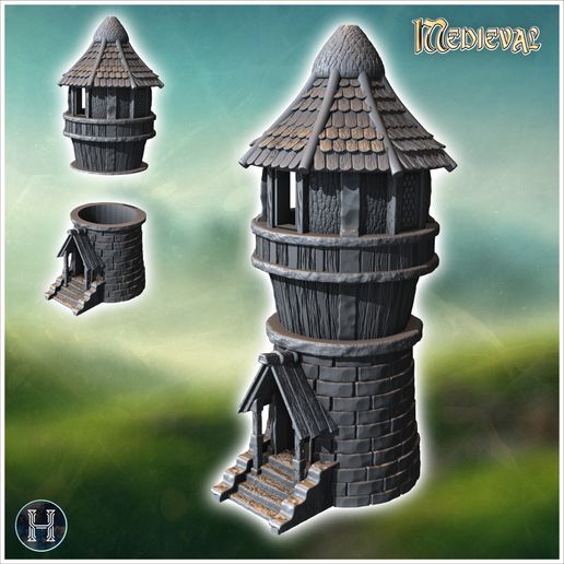 3D file Circular watchtower with thatched roof and stone base, features ...