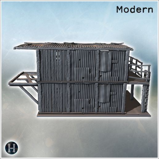 🪵 Two-story wooden shack with open balcony, corrugated metal walls, and ...