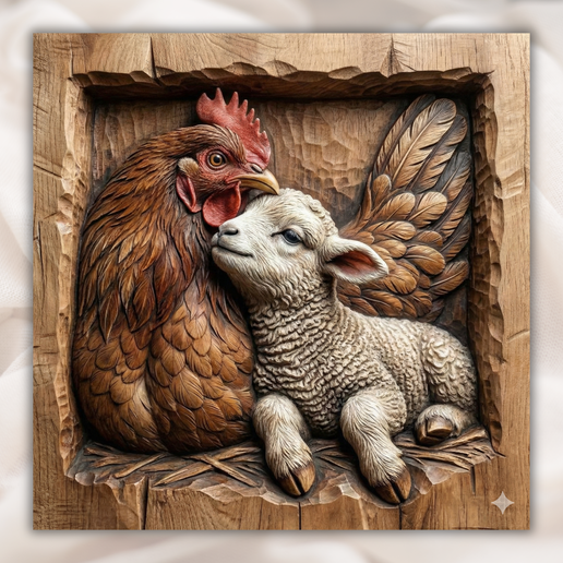📁 Hen & Lamb 3D Relief STL File | Rustic Wood Grain CNC Carving | Farm ...