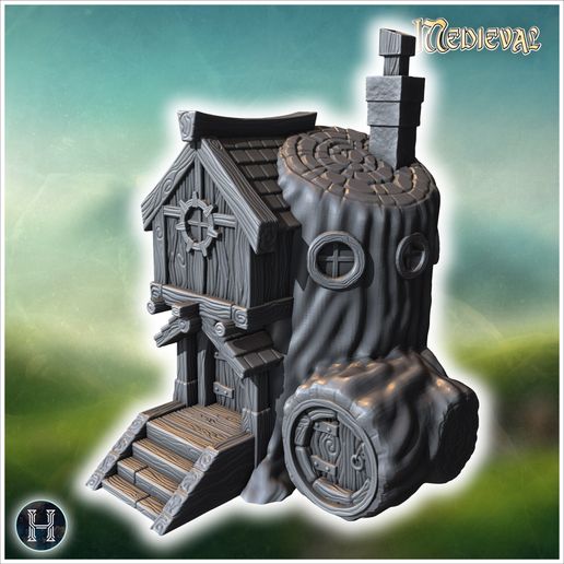 🪵 Fantasy-Baumhaus mit Holztreppe, runder Tür, geschnitzten Details und ...