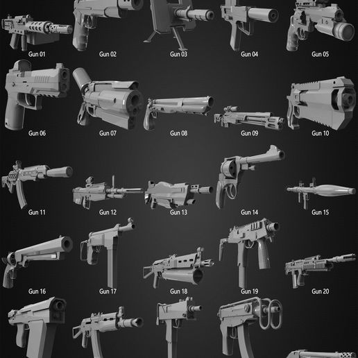 🧨 Pack Of 25 Guns Kitbash Volume 04・ 3D File for 3D printing・Cults