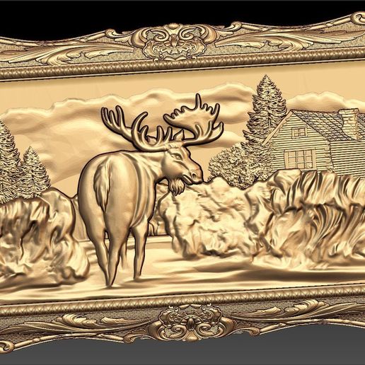 🌨️ Moose in front of a cabin snow art cnc router・Free STL File for ・Cults