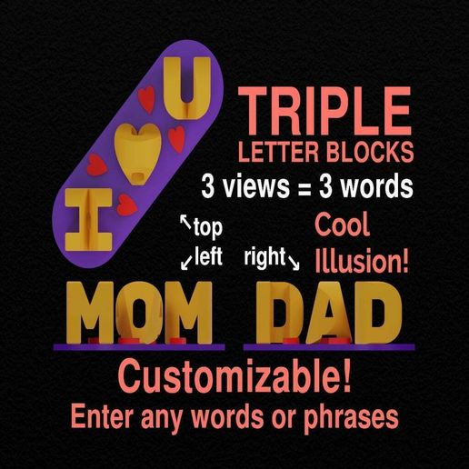 🚩 Customizable Triple Letter Blocks Ambigram・Free STL File for ・Cults