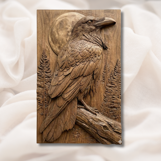 🐦 Raven Bird 3D Relief STL | Gothic Crow Moon Forest Wall Art Panel ...