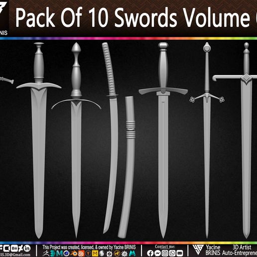 ⚔️ Pack Of 10 Swords Volume 01・ 3D File for 3D printing・Cults