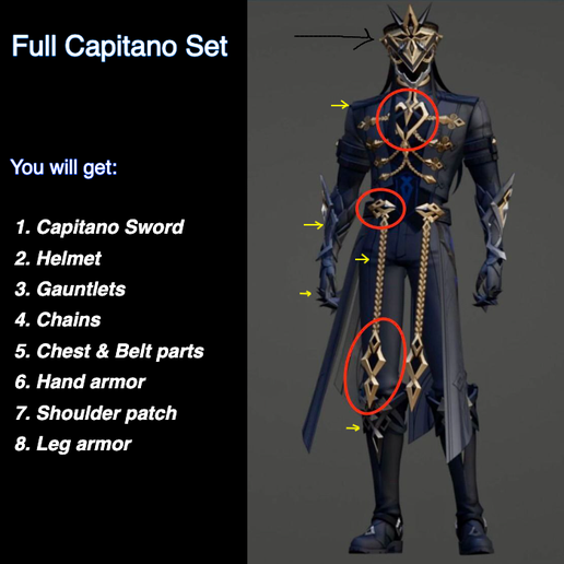 🗡️ Capitano Full Set - Genshin Impact (Sword, Helmet, Gauntlets, Chains ...