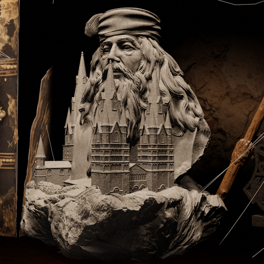👤 Bust of Dumbledore over Hogwarts・ 3D File for 3D printing・Cults