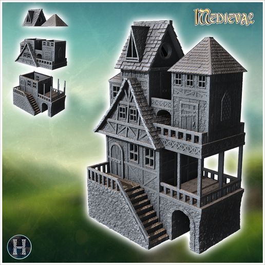 🏗️ Large medieval building with access staircase, half-timbered walls ...
