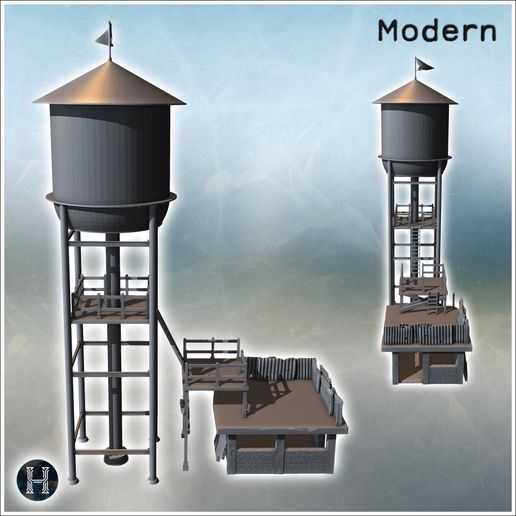 🚰 Tall water tower with adjacent platforms and access ladders ...
