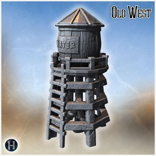 🪵 Elevated wooden water tank with conical roof, vertical planks, and ...