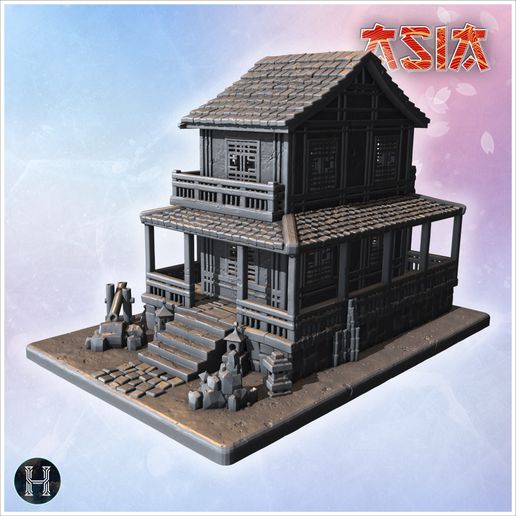 🏗️ Traditional Japanese building with wooden railings, tiled roof, and ...