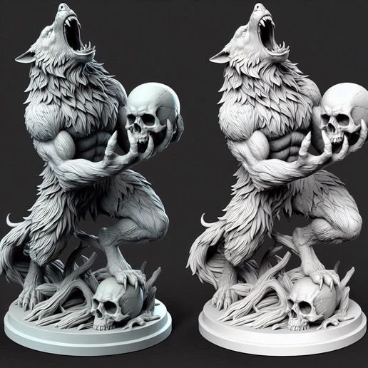 🐺 1881 Howling Werewolf with Skull - 3D Printed Statue, magic, dragon ...