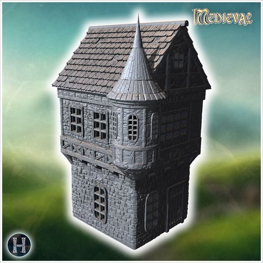 🏗️ Tall medieval building with a turret, stone walls, and a pointed ...